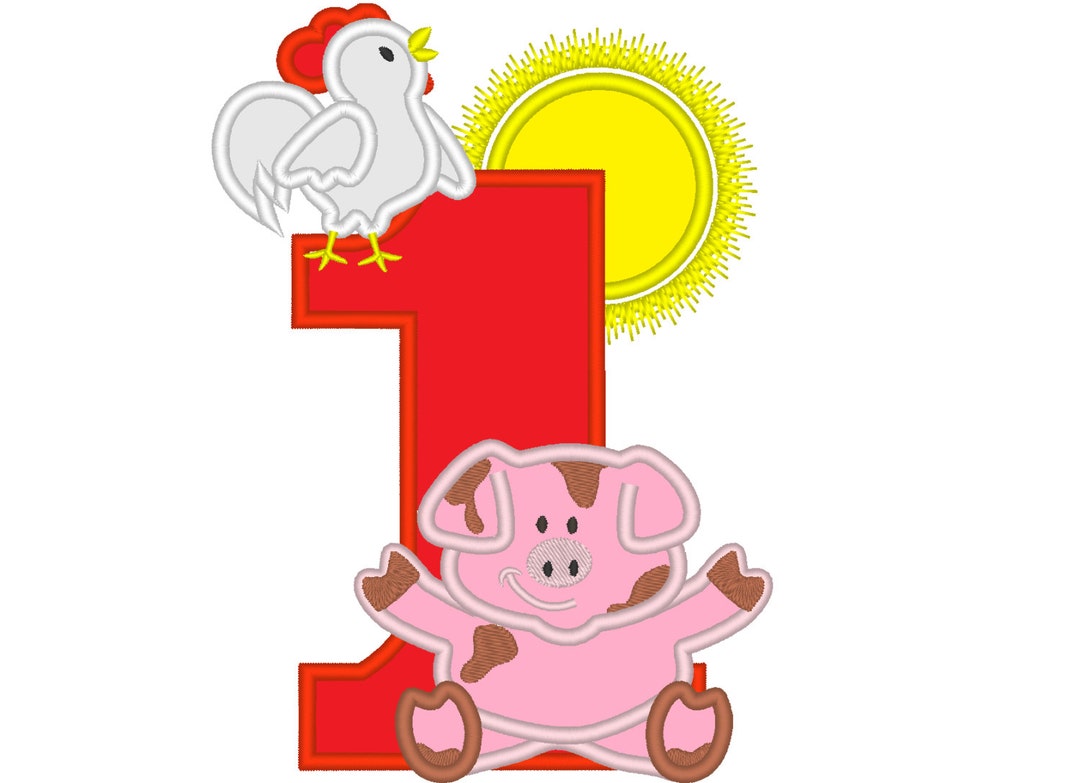Farm Birthday Number One 1 With Pig and Rooster - Cute Farm Theme ...