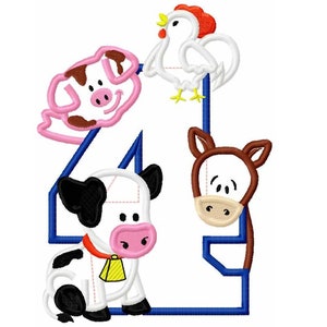 Farm Birthday Number FOUR 4 With Cow, Pig, Horse and Rooster, Cute Farm ...