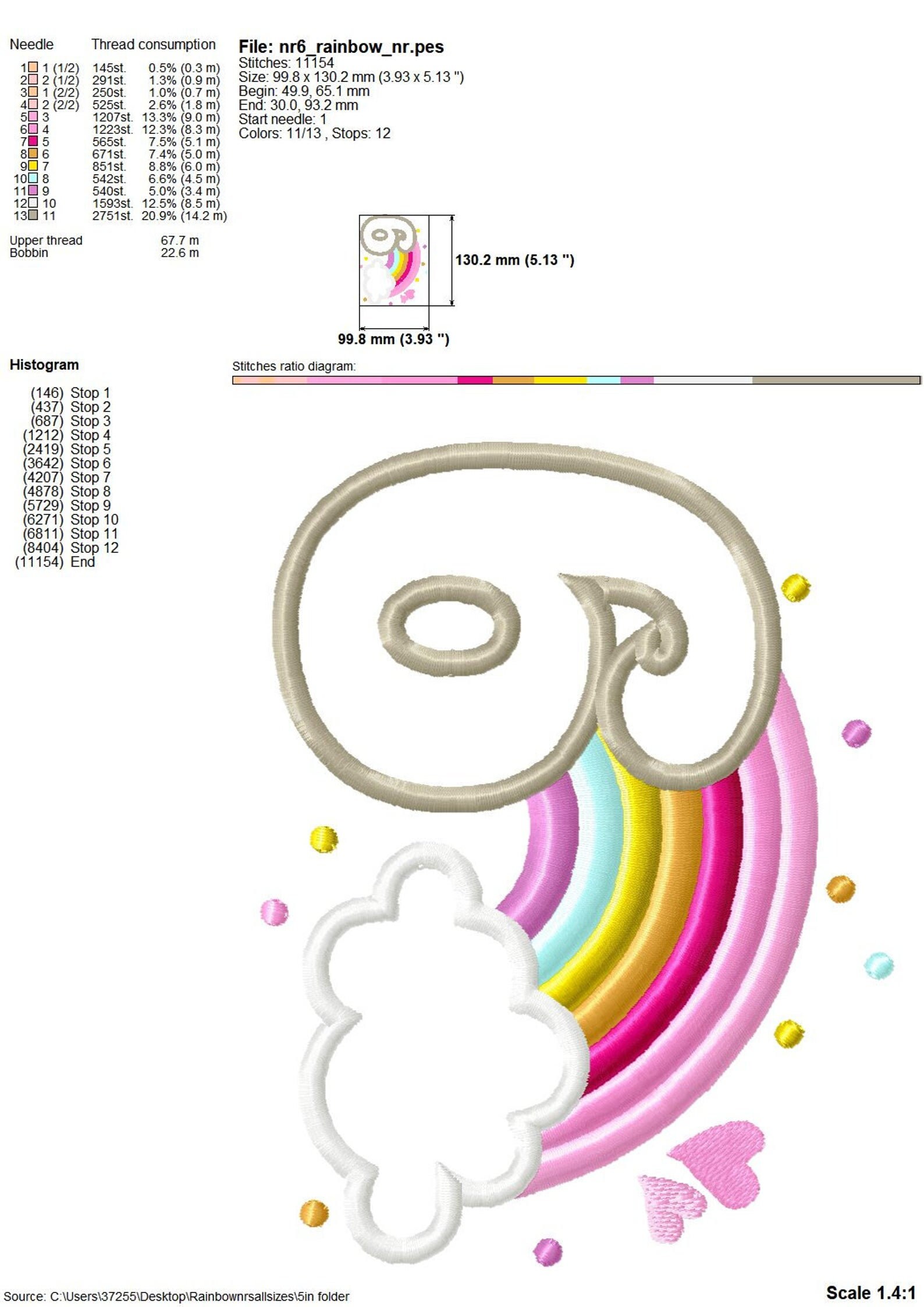 Cute Rainbow Birthday Number 6 SIX Machine Embroidery Applique Designs ...