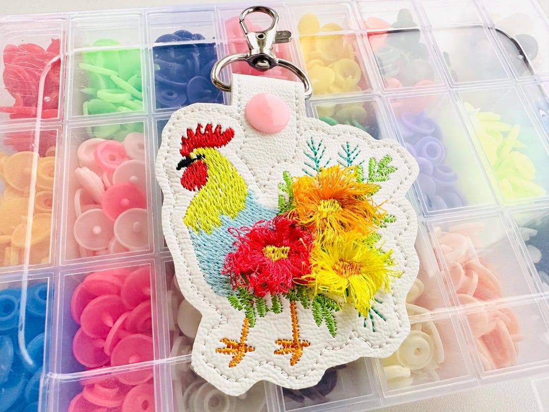 Floral Rooster Eyelet and Key Fob Snap Tab Fringed Fluffy Keychain in ...