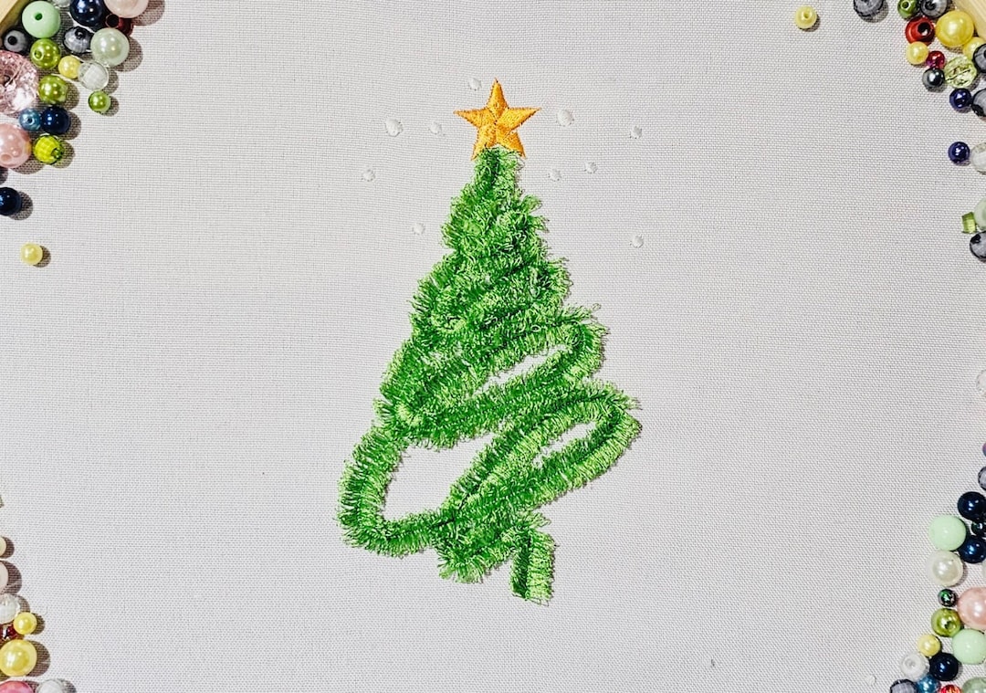 Swirl Curl Fringed Fluffy Christmas Tree in One Line Machine Embroidery ...