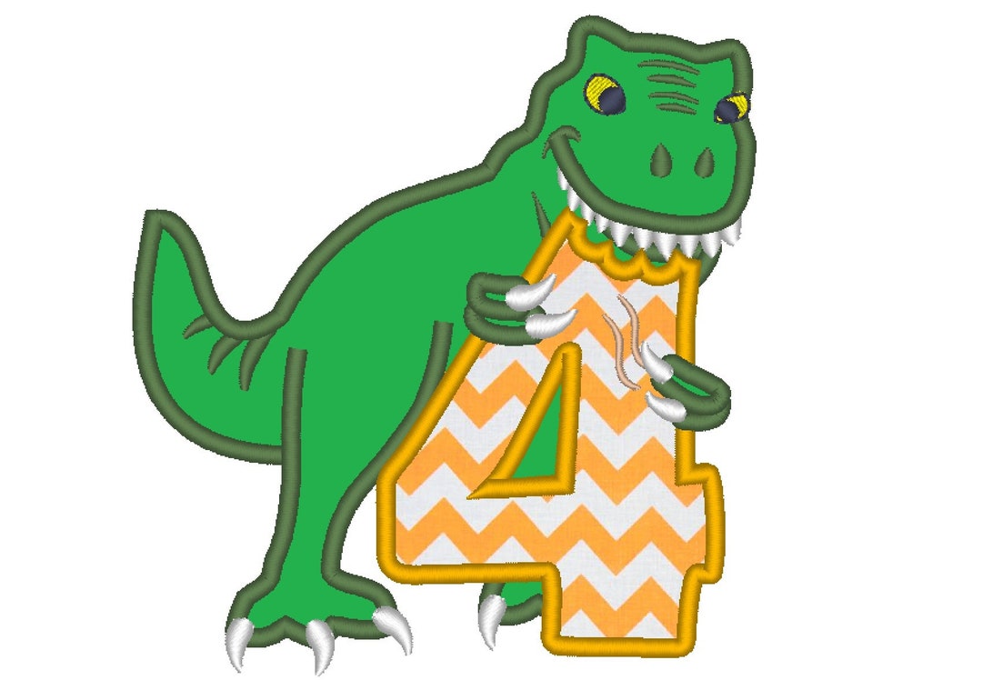 T-rex Dinosaur Birthday Number Four 4 Applique Machine Embroidery ...