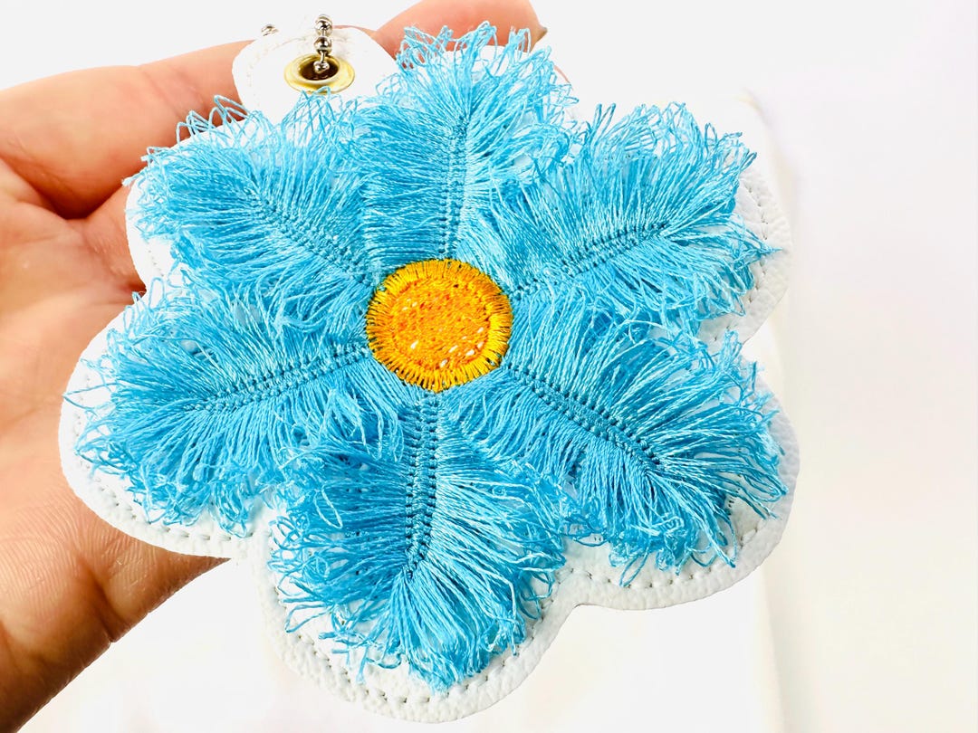 Fringed Fluffy Daisy Flower Key Fob Snap Tab and Eyelet Cute Fringe ...