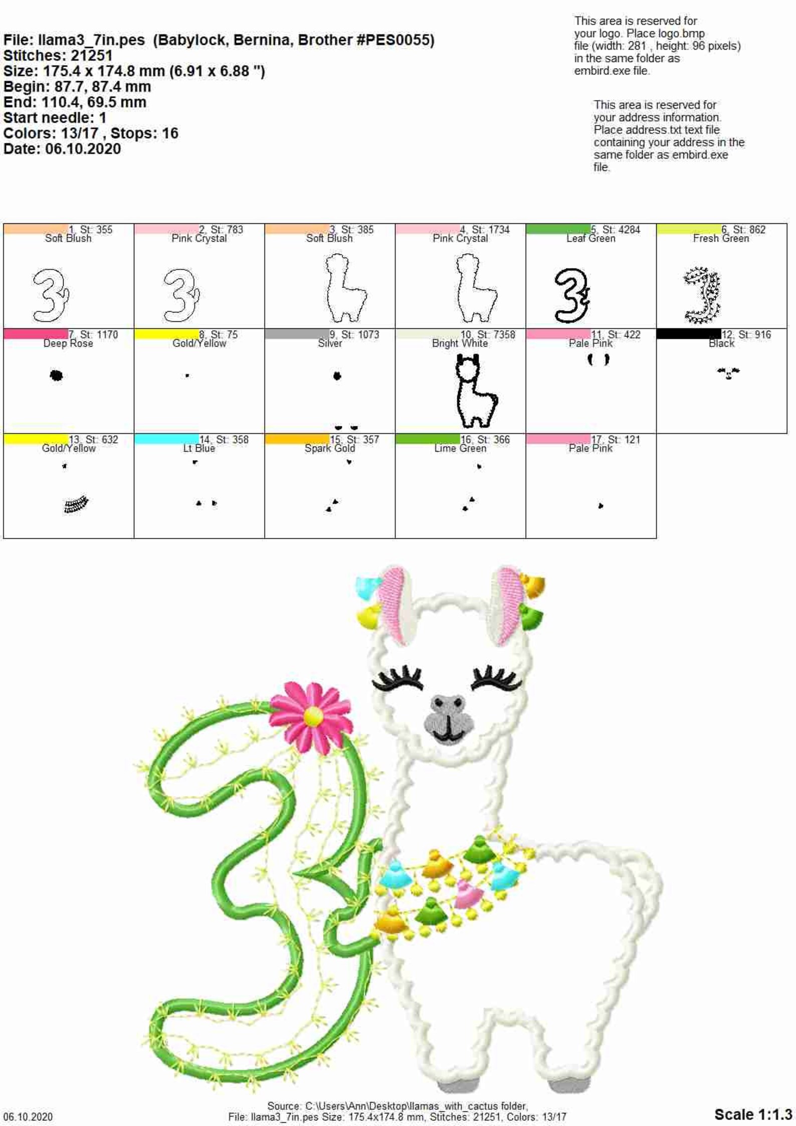 Number 3 Third Birthday Llama Alpaca With Cactus Number THREE Applique ...
