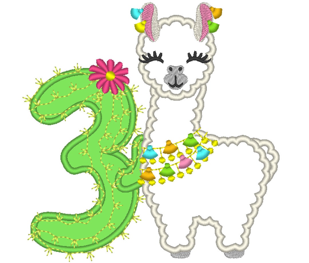 Number 3 Third Birthday Llama Alpaca With Cactus Number THREE Applique ...