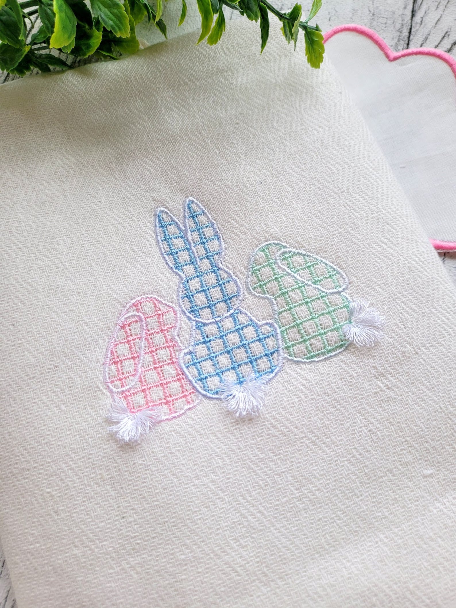 Triple Three Bunnies in a Row Fringed Fluffy Tail Cute Checkered Easter ...