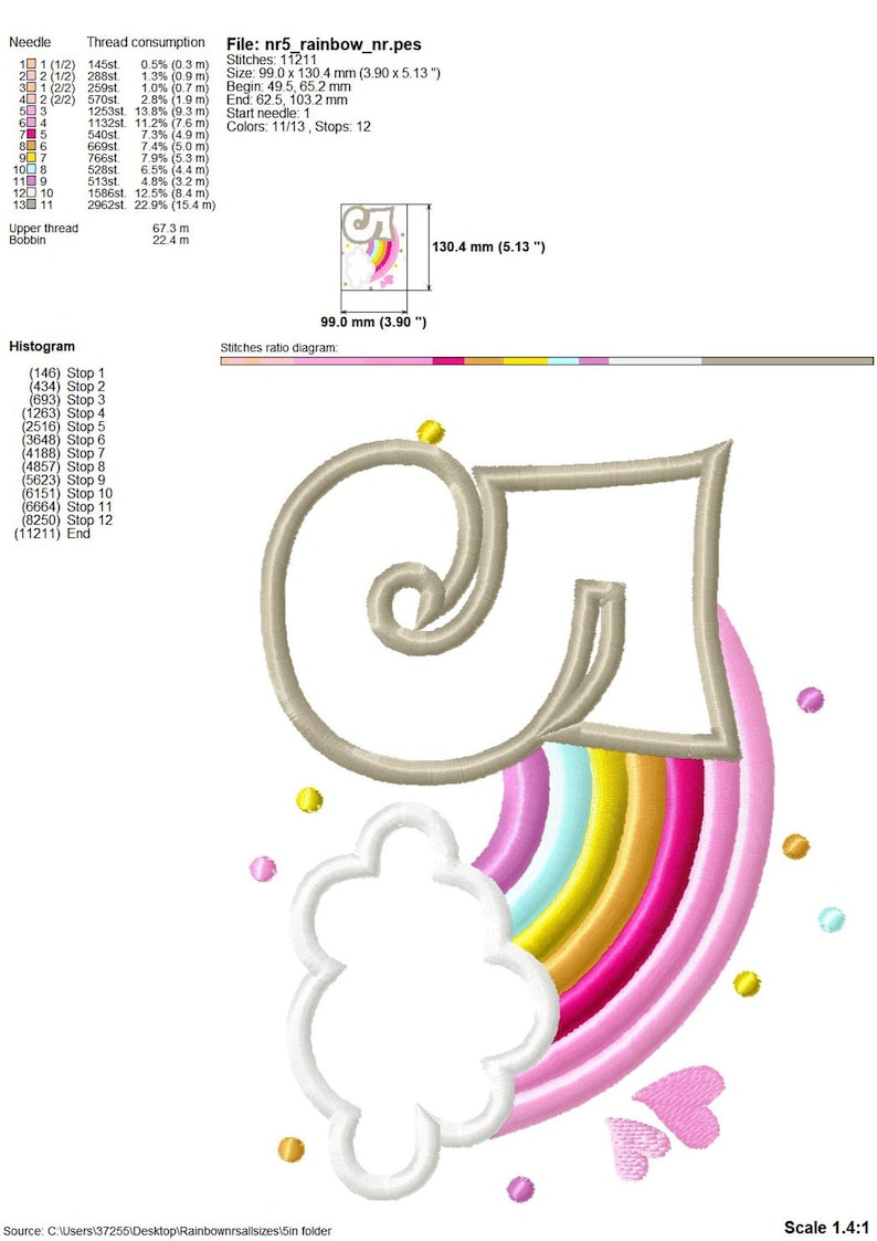 Cute Rainbow Birthday Number 5 FIVE Machine Embroidery - Etsy