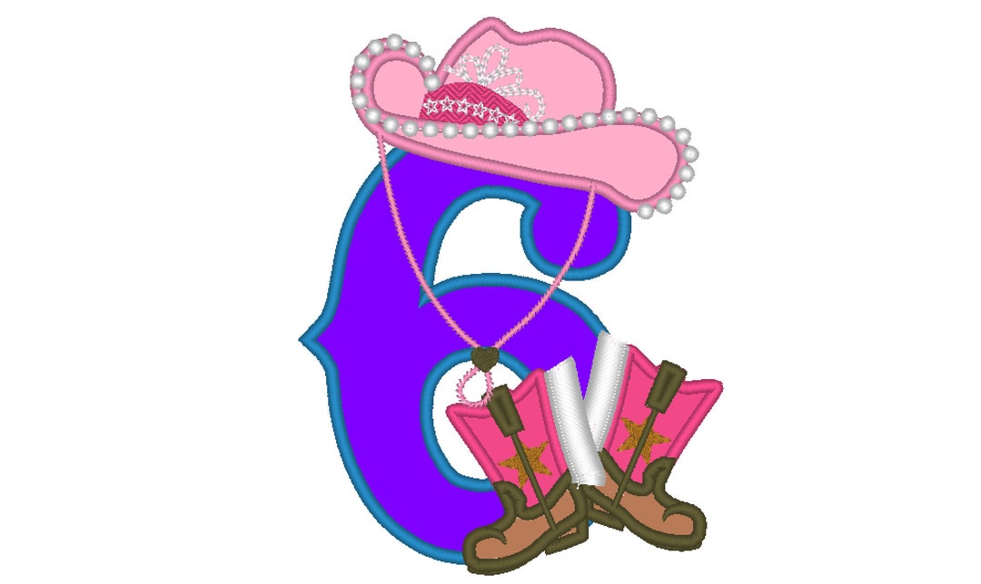 Girly Cowboy Birthday Number SIX Only Number 6 - Machine Embroidery ...