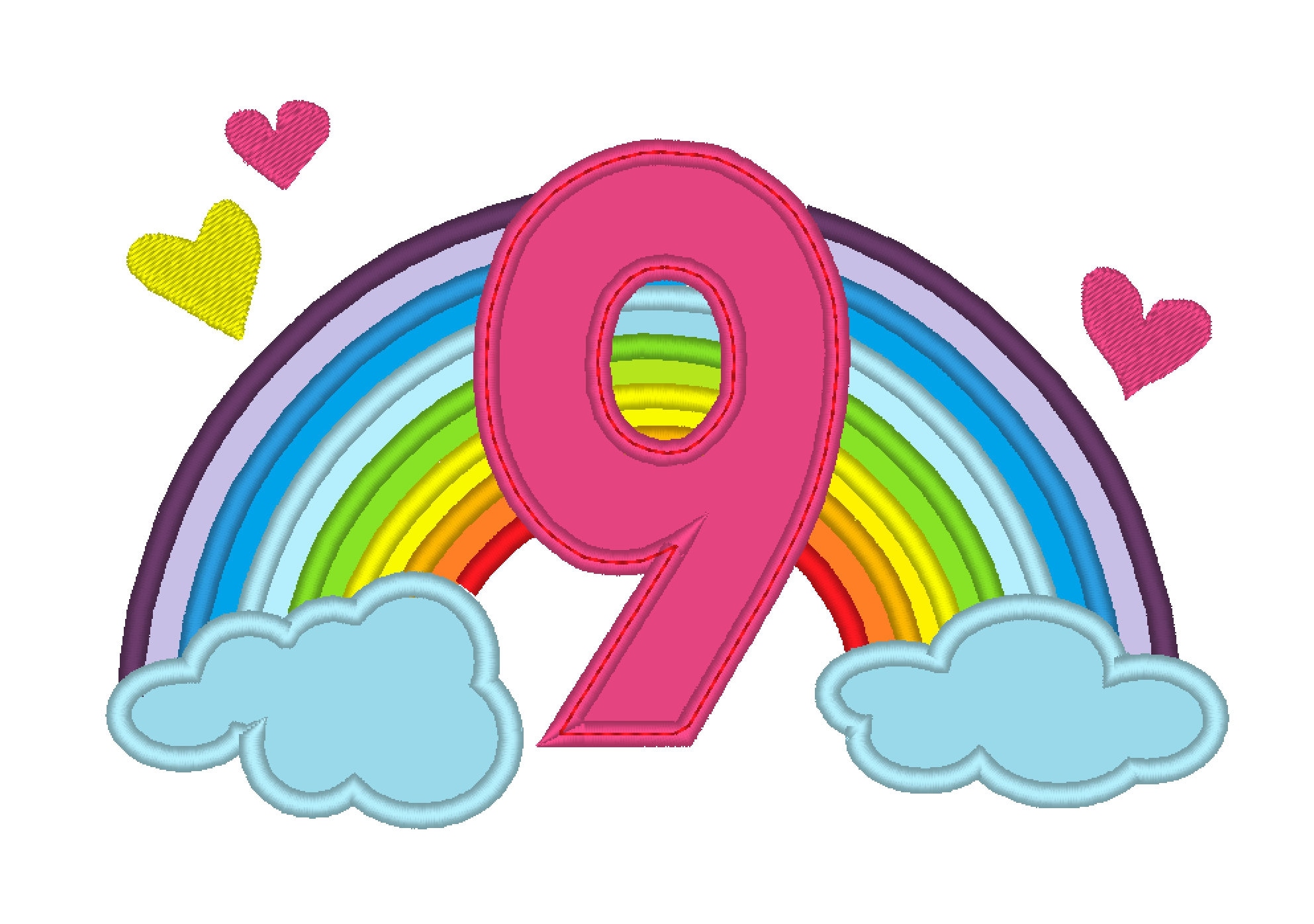 Cute Rainbow Birthday Number 9 NINE only machine embroidery applique ...
