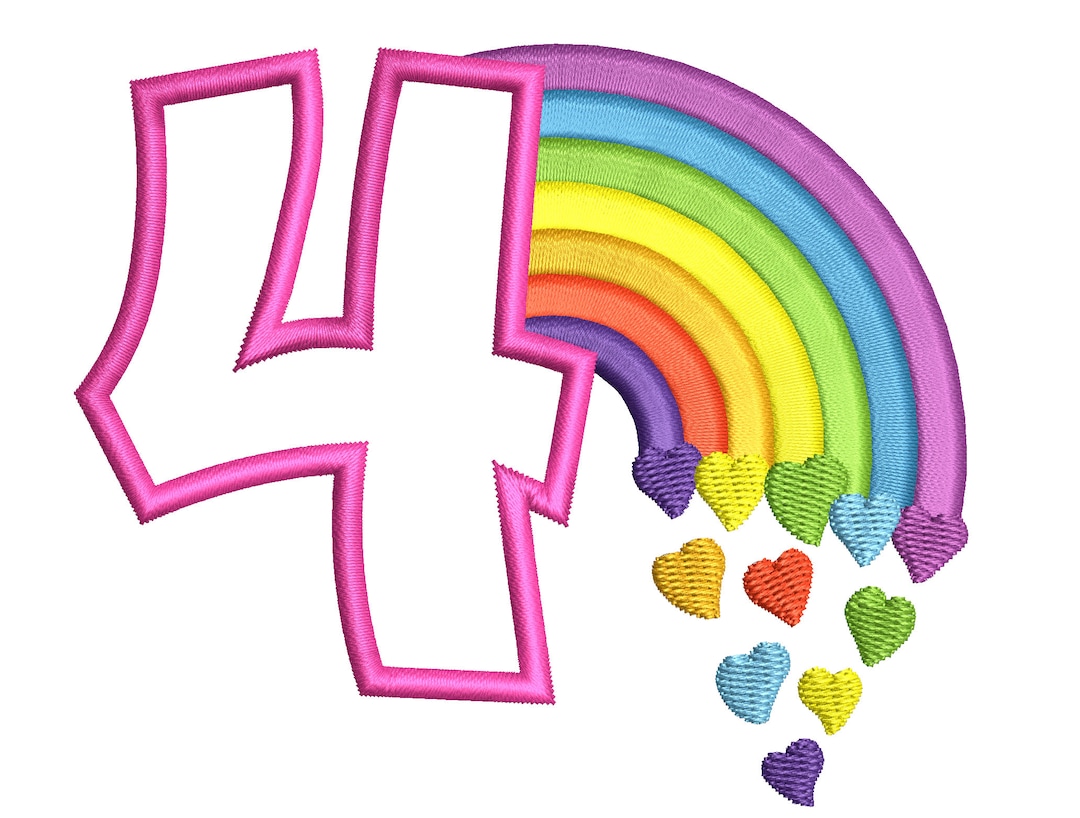 Cute Rainbow Birthday Number 4 FOUR Machine Embroidery Applique Designs ...