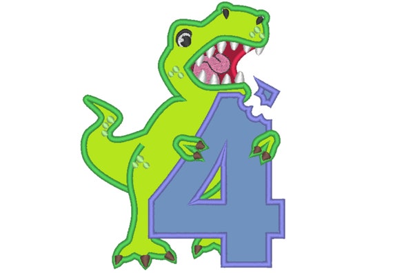 T Rex Dinosaur Eating Birthday Number Four 4 Trex With Bitten | Etsy
