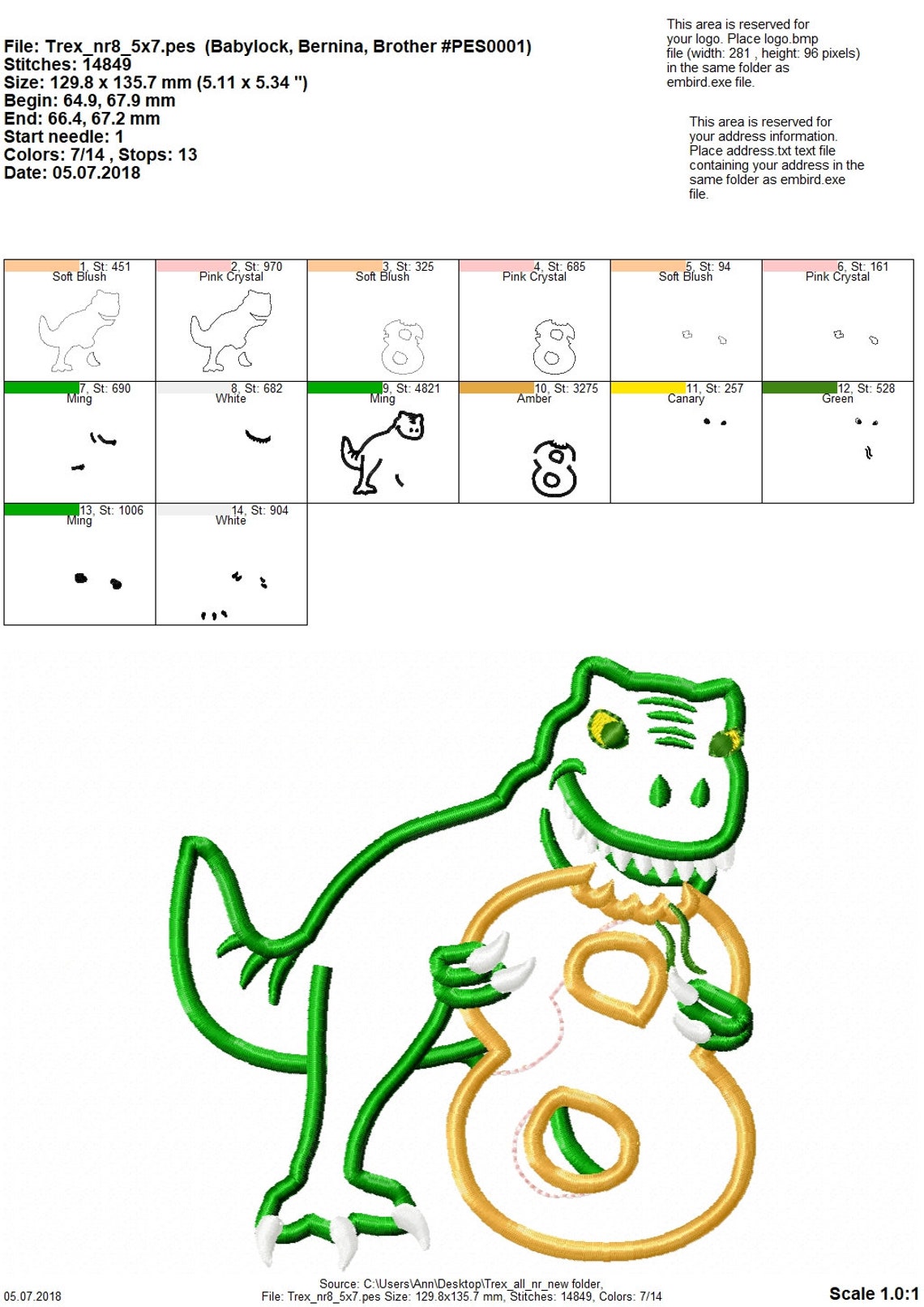 T-rex Dinosaur Birthday Number EIGHT 8 Machine Embroidery Birtday ...
