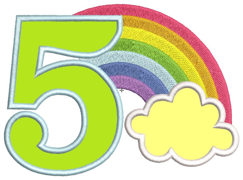 Rainbow in Cloud Birthday Number 5 FIVE Machine Embroidery Applique ...