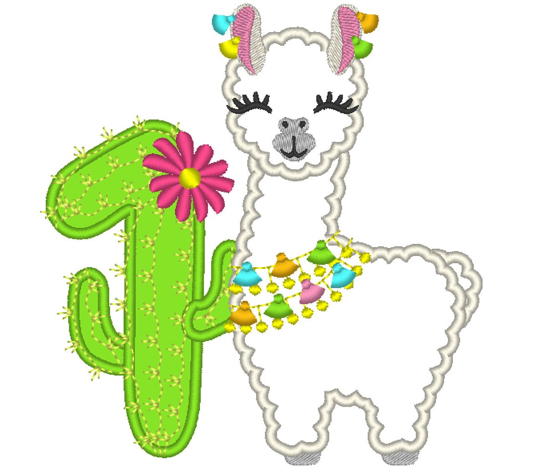 Number 1 First Birthday Llama Alpaca With Cactus Number Applique Design ...