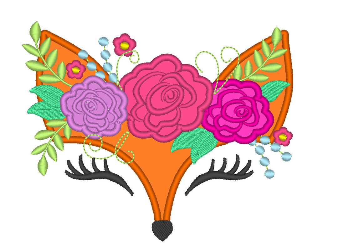 Pretty Eyes Fox Face With Shabby Chick Roses Crown Applique Machine ...