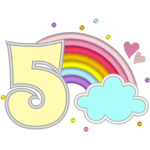 Cute Rainbow Birthday Number 5 FIVE Machine Embroidery Applique Designs ...