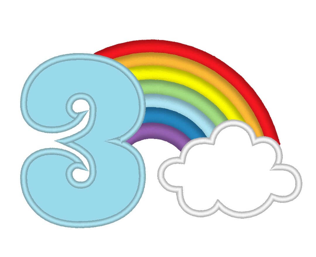 Cute Rainbow Birthday Number 3 Three Machine Embroidery Applique ...