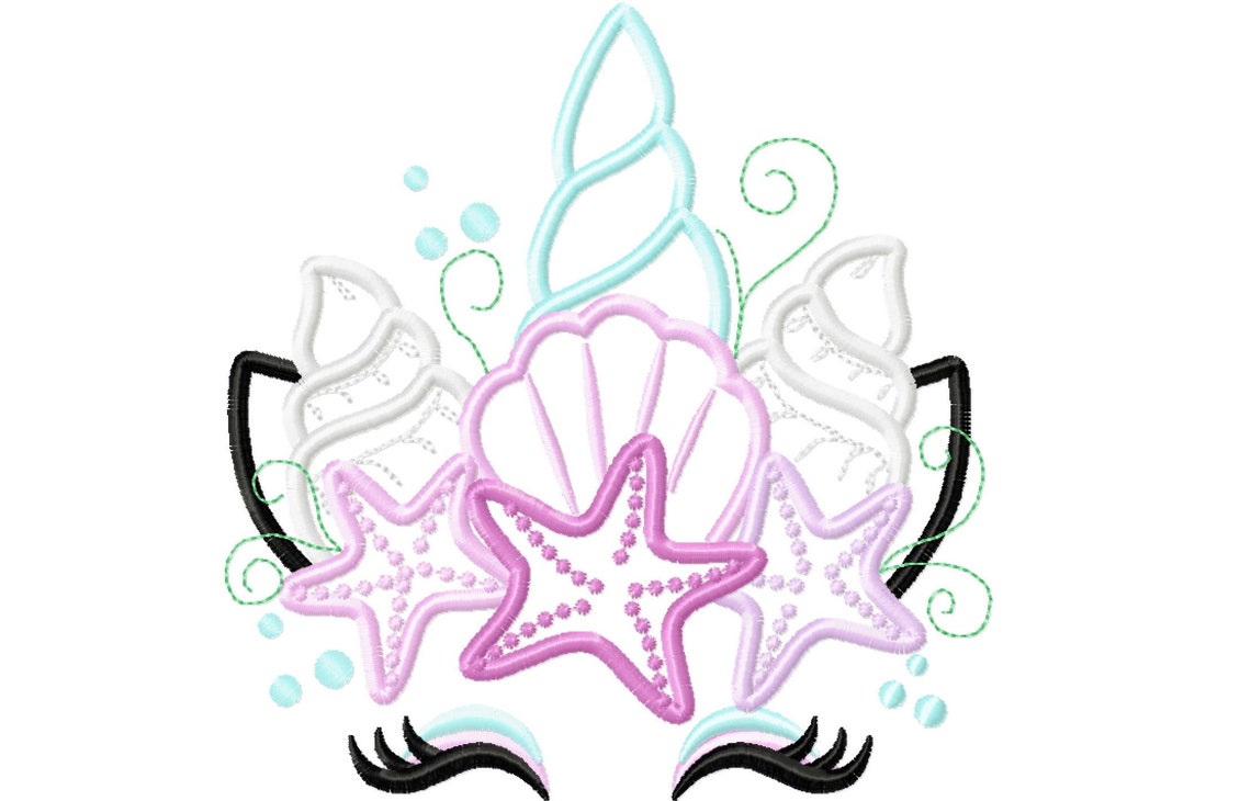Mermaid Sea Unicorn Head With Shell and Star Crown Applique Machine ...