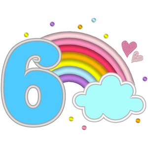 Cute Rainbow Birthday Number 6 SIX Machine Embroidery Applique Designs ...