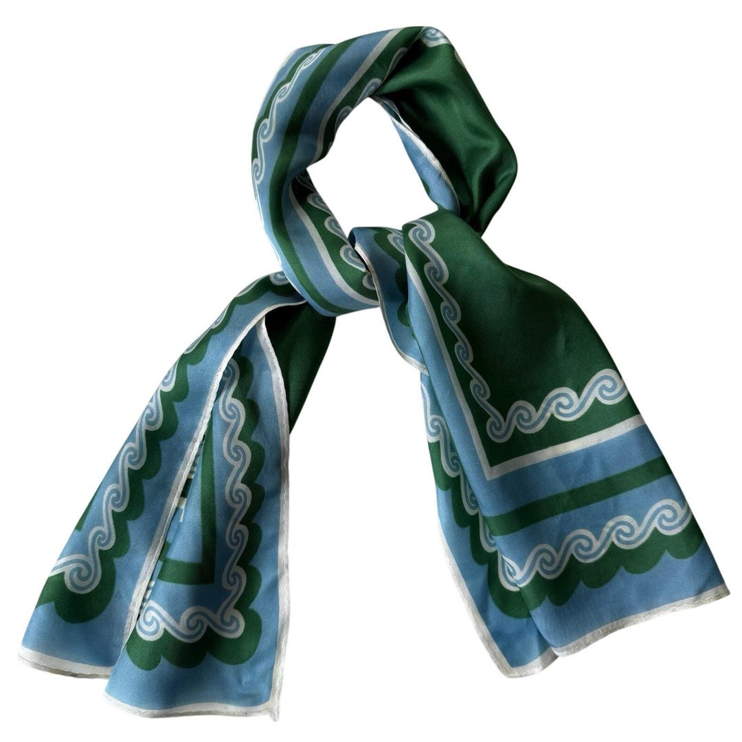Vintage Green Blue Wave Border Oblong Scarf 41” Maximalist Mod Print No ...