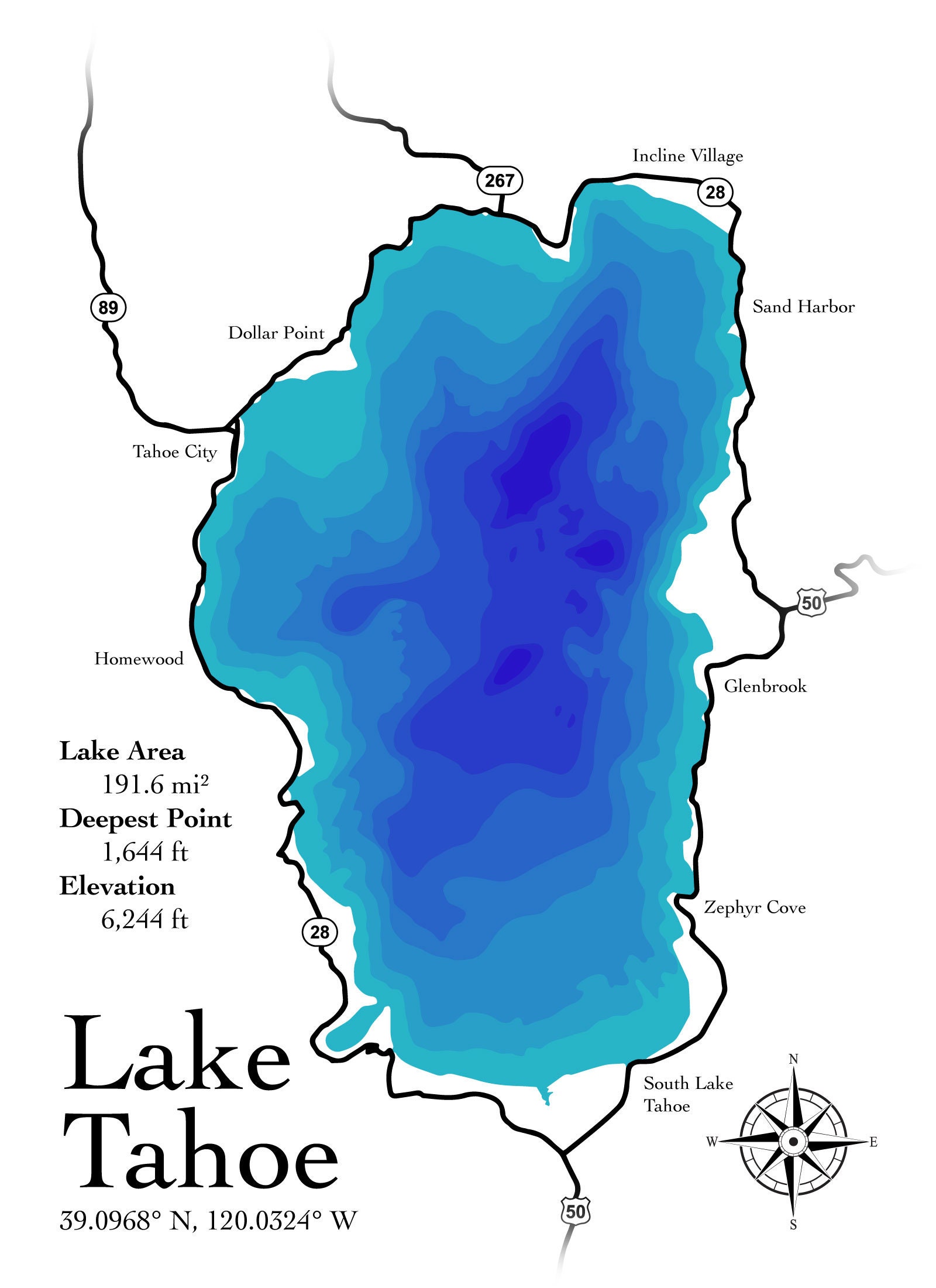 Lake Tahoe Map - 10 Layers - Bathymetry Bathymetric Multi Layer Stacked ...