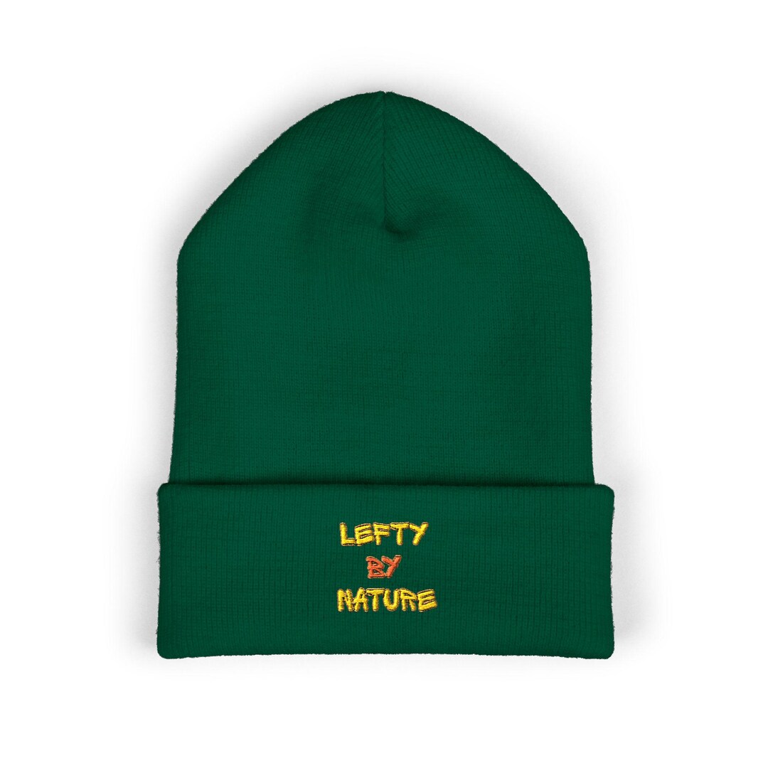 Embroidered Cuffed Beanie: Lefty by Nature - Acrylic Winter Hat - Etsy