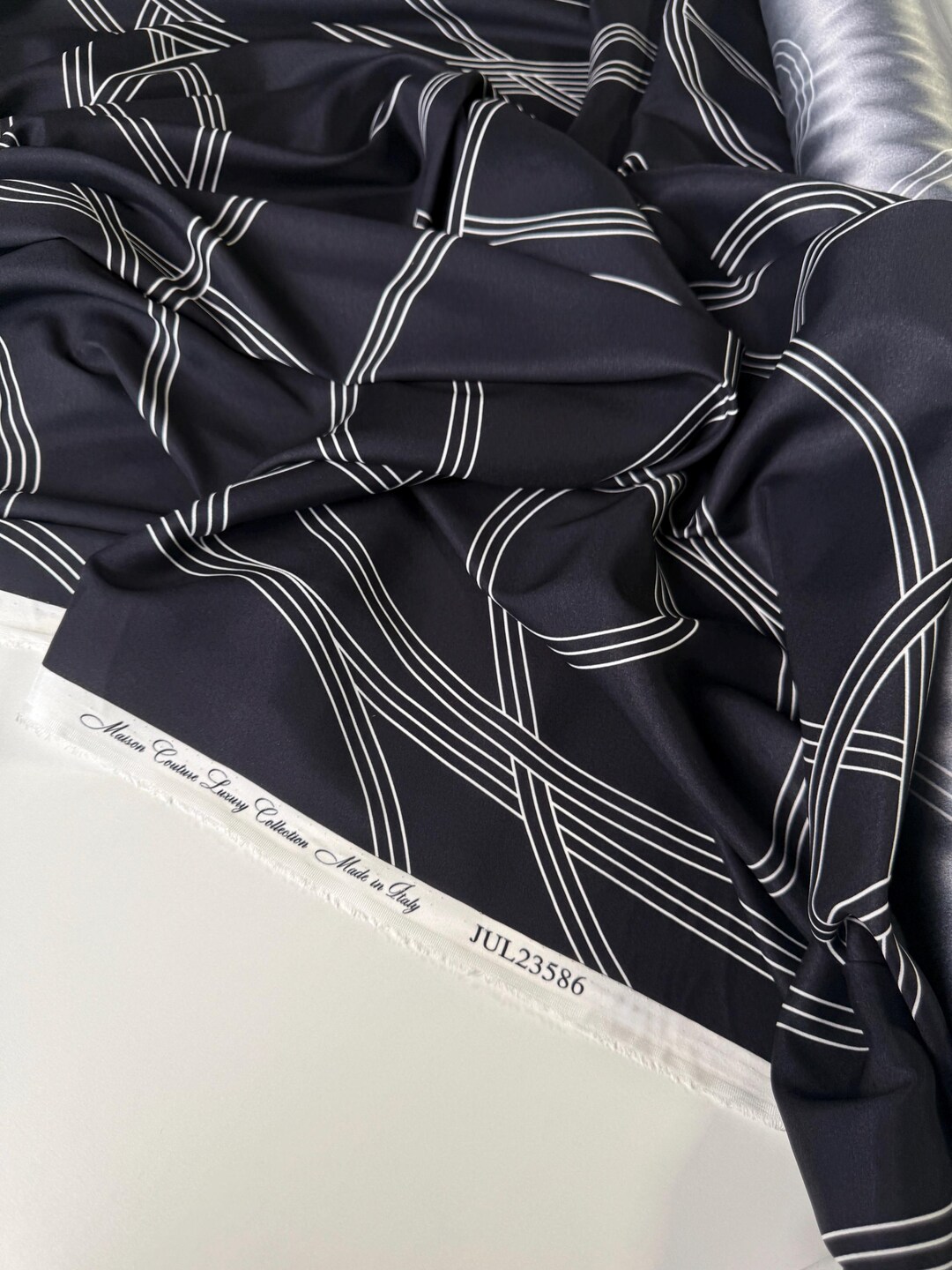 Italian Stretch Satin Silk | Black Abstract Line Print - Etsy