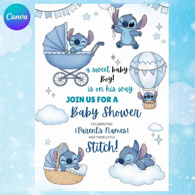 Personalized Stitch Boy Baby Shower Invitation, Stitch Baby Shower ...