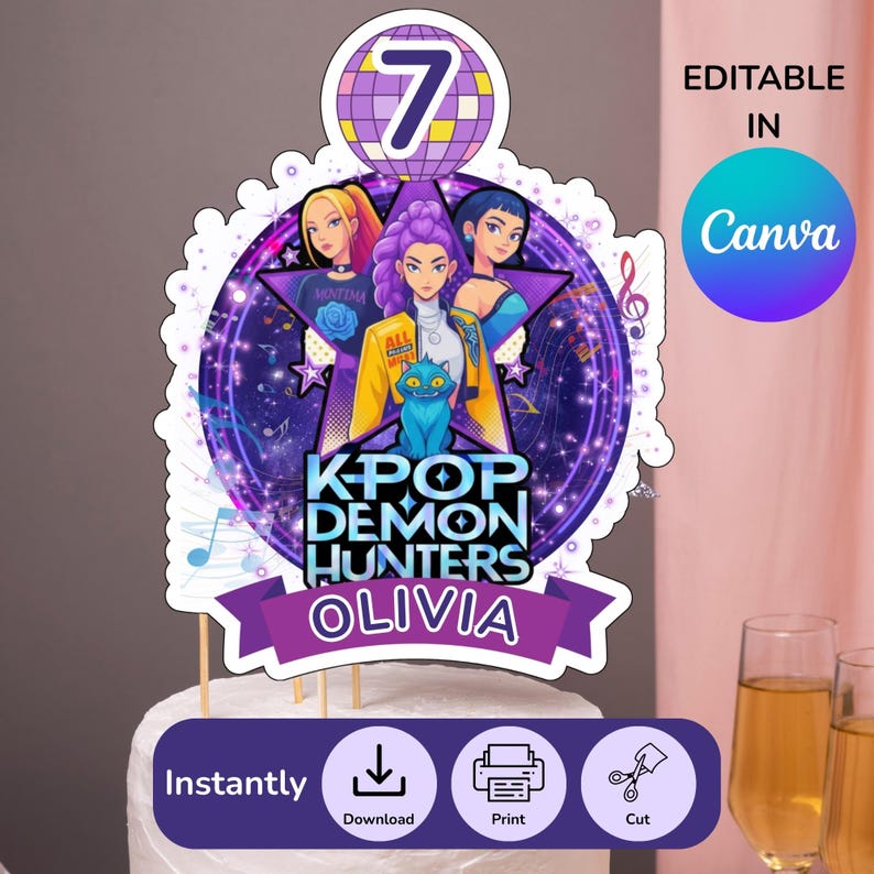 Editable Kpop Demon Hunters Cake Topper, Huntrix Kpop Birthday Toppers ...