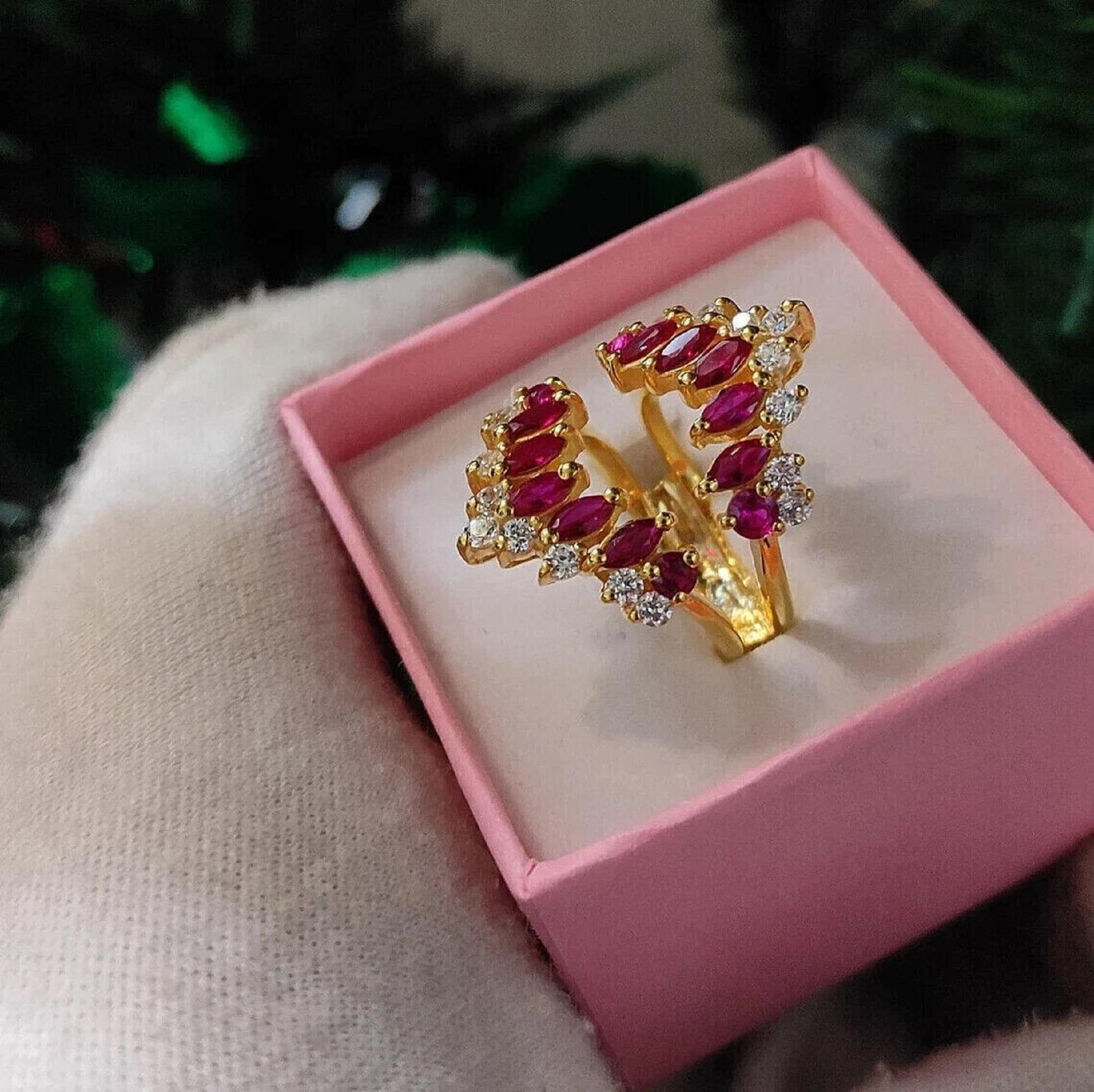 Ruby & Diamond Enhancer Ring |14K Yellow Gold Plated Chevron Wrap Band ...