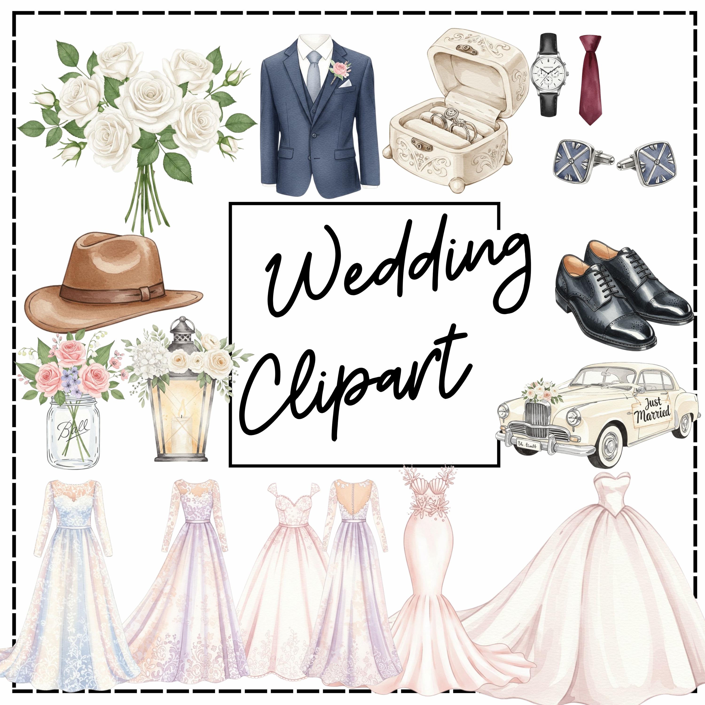 Watercolor Wedding Clipart PNG Bundle | 100 PNG Wedding Dresses, Bride ...