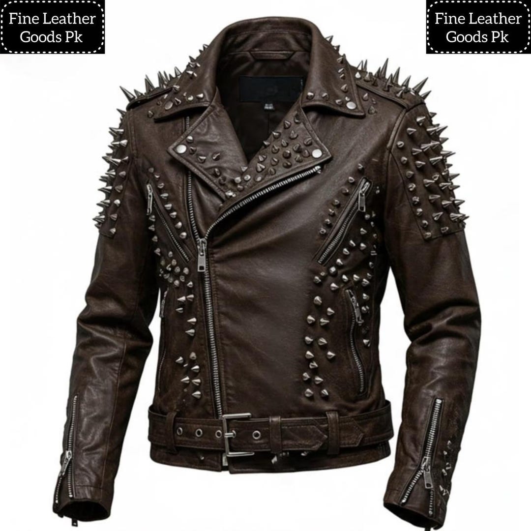 Brown Studded Leather Jacket – Spiked Punk Rock Motorcycle Jacket ...