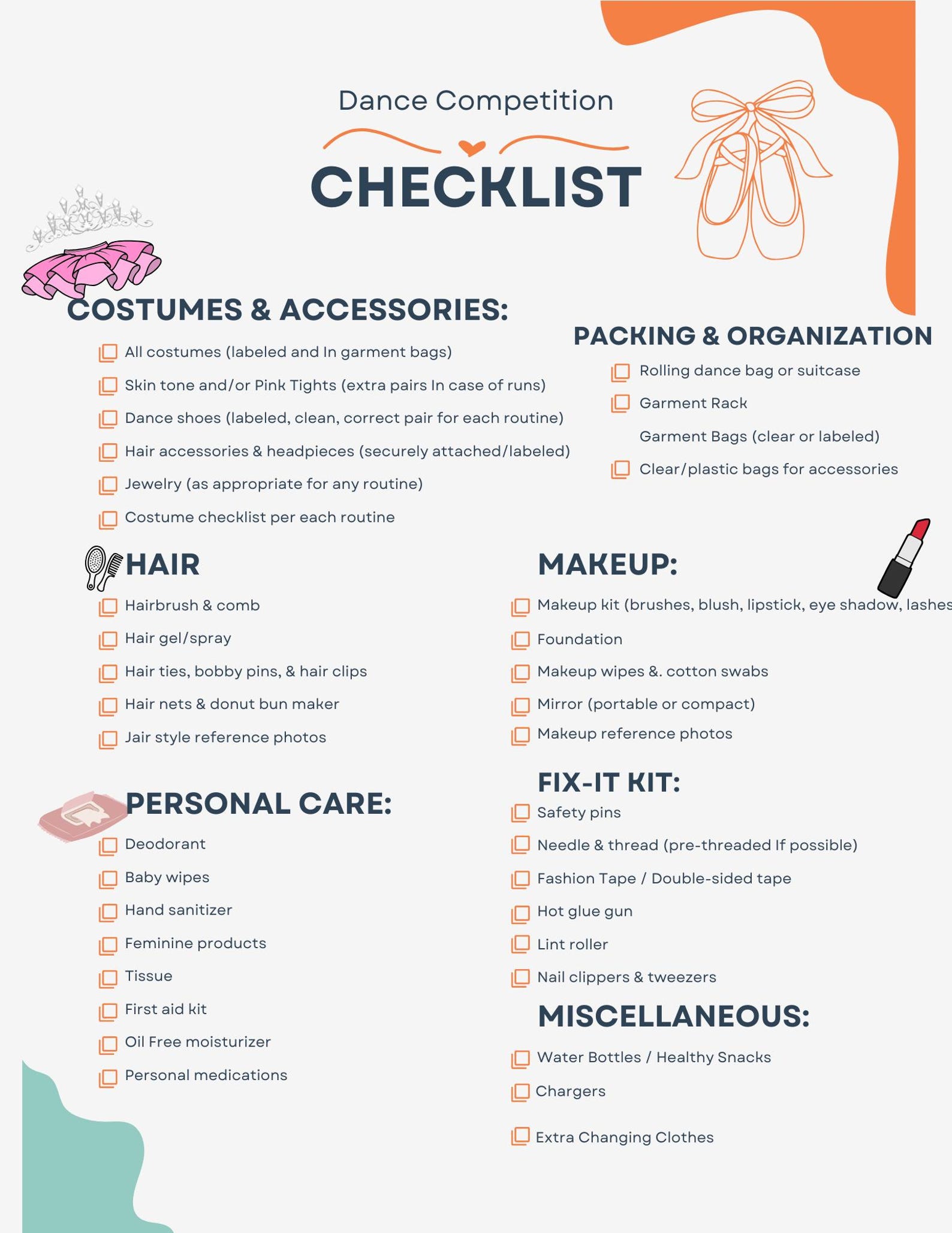 Dance Competition Check List - Etsy