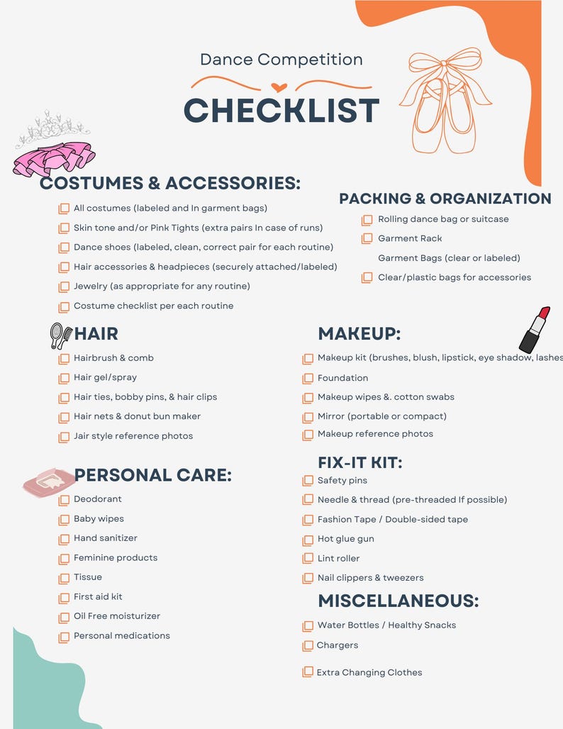 Dance Competition Check List - Etsy