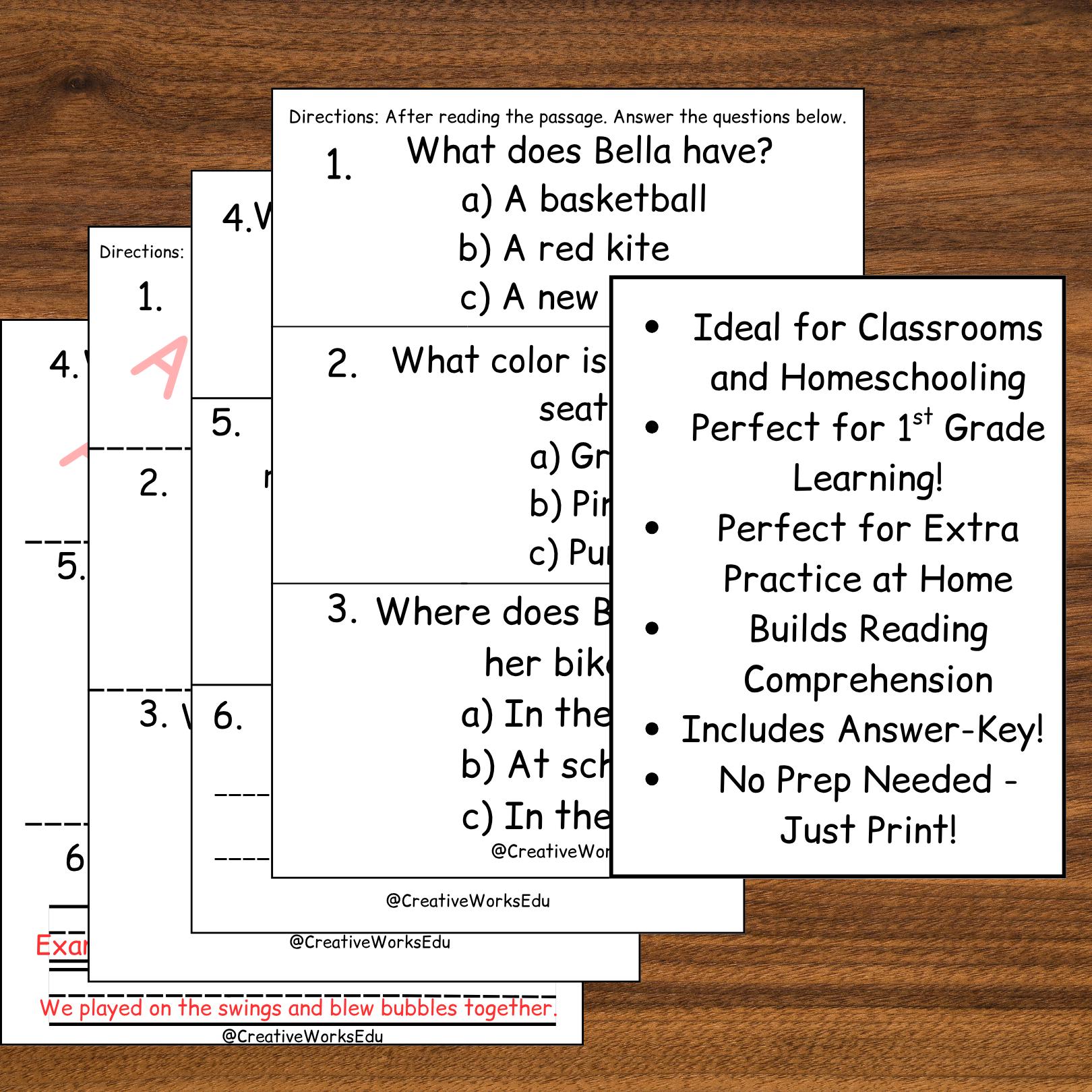 1st Grade Reading Comprehension Worksheet Bella’s New Bike Printable ...