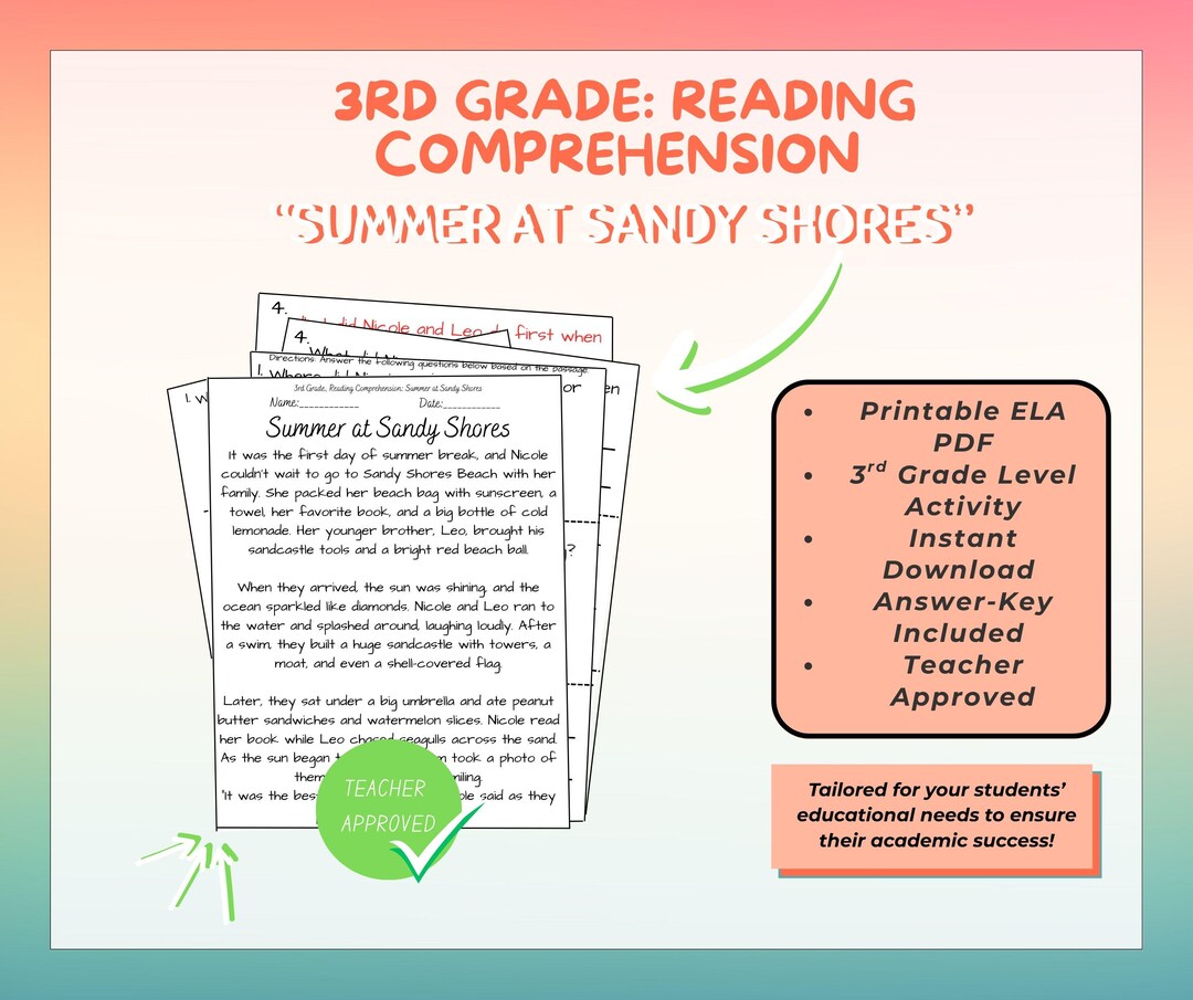 3rd Grade Reading Comprehension Worksheet: Summer Beach Story ...