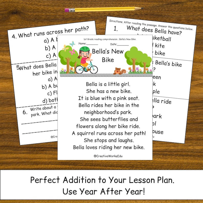 1st Grade Reading Comprehension Worksheet Bella’s New Bike Printable ...