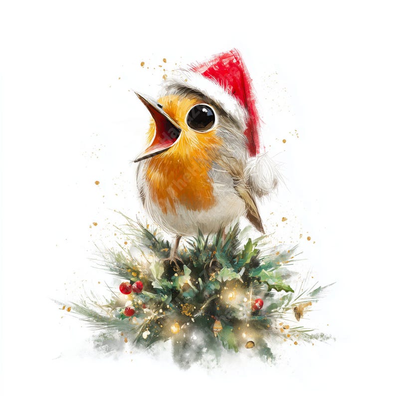 10 Whimsical Christmas Robin Watercolor Clipart, Commercial Use ...