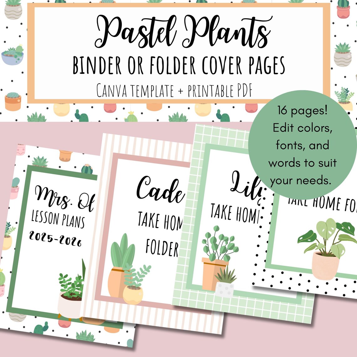 Pastel Plants Binder Covers, Editable Classroom Decor, Canva Template ...