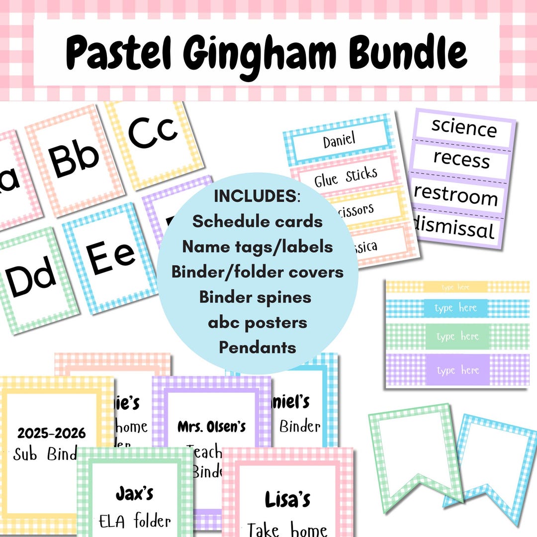 Pastel Gingham Classroom Decor Bundle: Editable Canva Templates. ABC ...