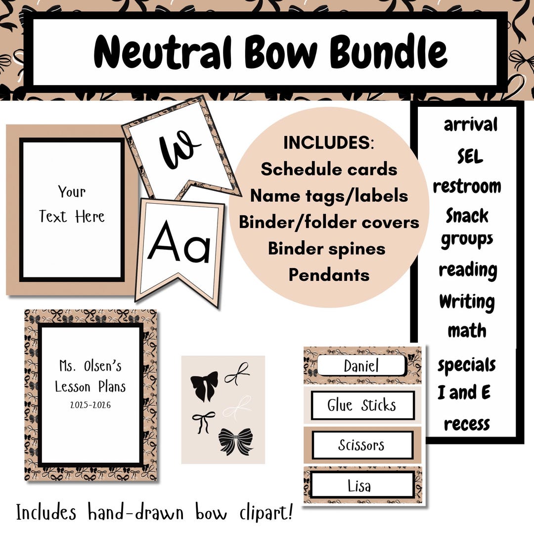 Neutral Bow Printable Coquette Classroom Decor: Folder Covers, Binder ...