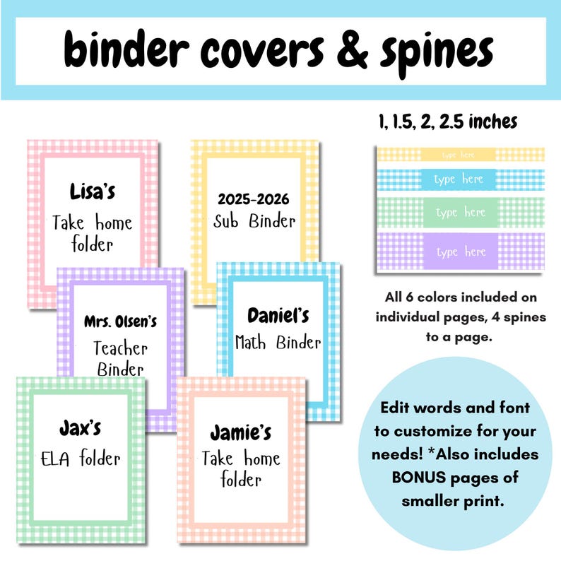 Pastel Gingham Printable Classroom Decor: Folder Covers, Binder Spines ...