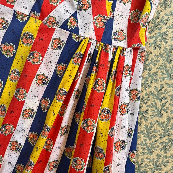 Circa 1960s Vintage Primary Color Floral & Stripes Dr… - Gem