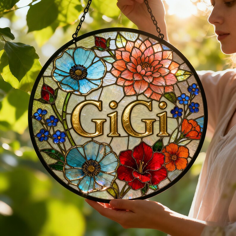 Personalized Stained Glass Sun Catcher, Floral Name Sign, Window ...