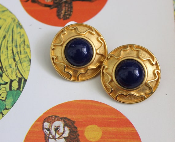 Leslie Block Vintage Matte Gold Tone/Blue Cabochon Ea… - Gem