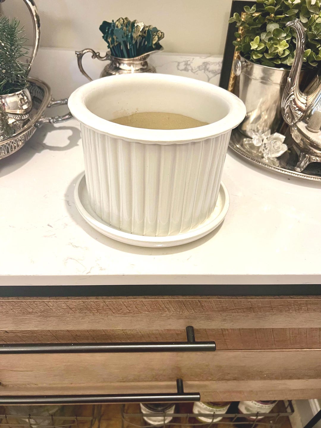 White Fluted Ceramic Planter With Saucer | Ribbed Indoor Pot - Etsy