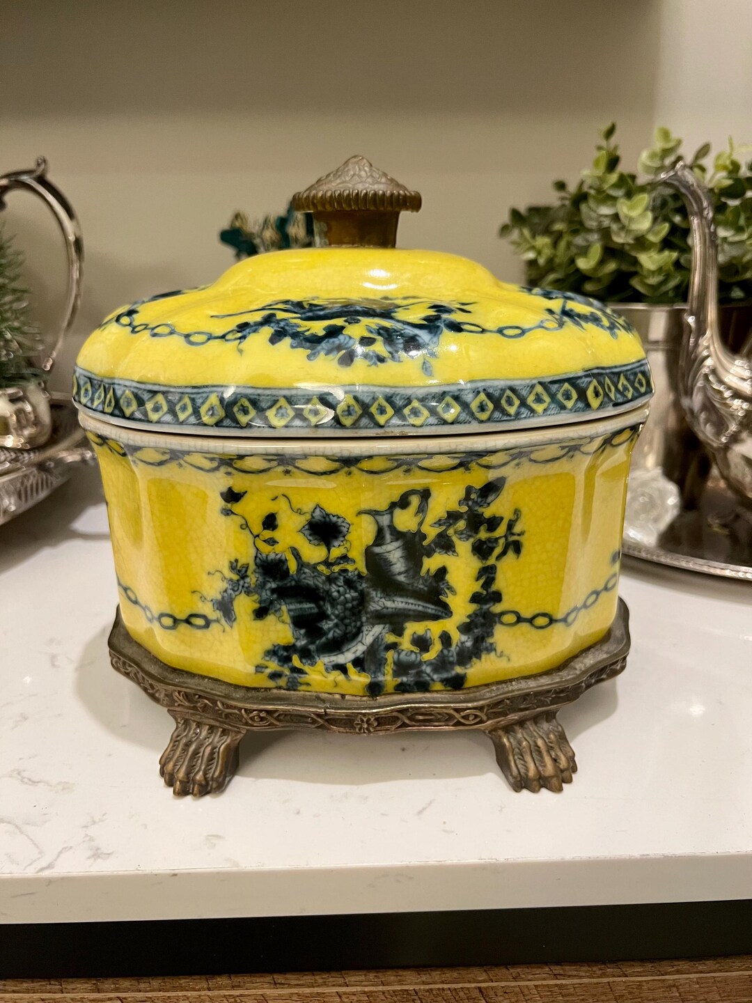 Vintage Castilian Imports Lidded Jar – Yellow & Blue Porcelain, Brass ...