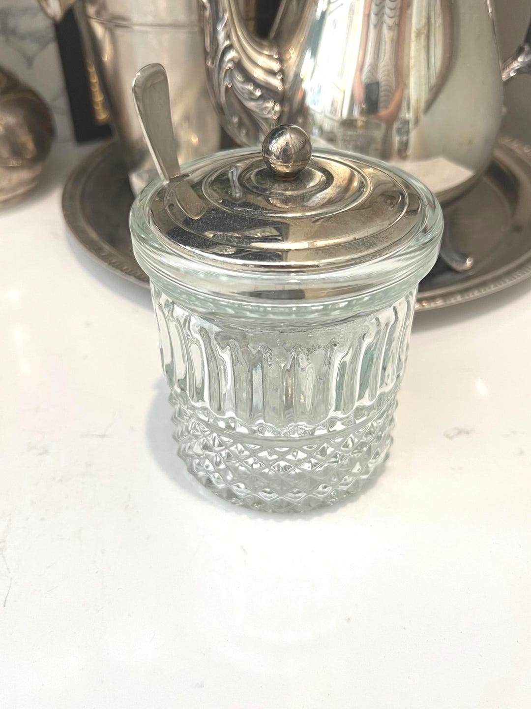 Vintage Brama England Pressed Glass Canister With Silver Plate Lid ...