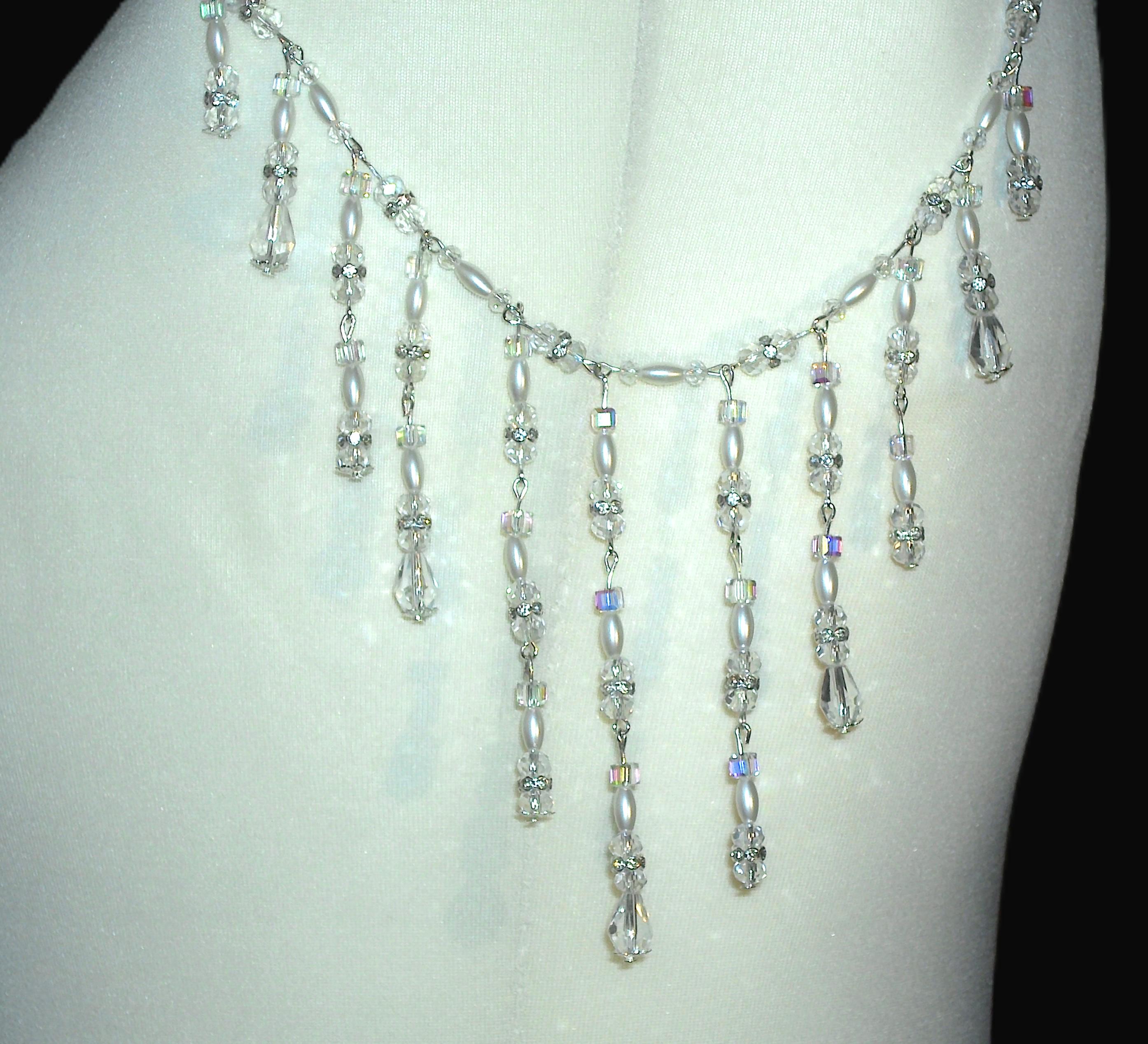 Shoulder Chains Epaulettes Crystal Pearl Teardrops Handmade Silver 4546