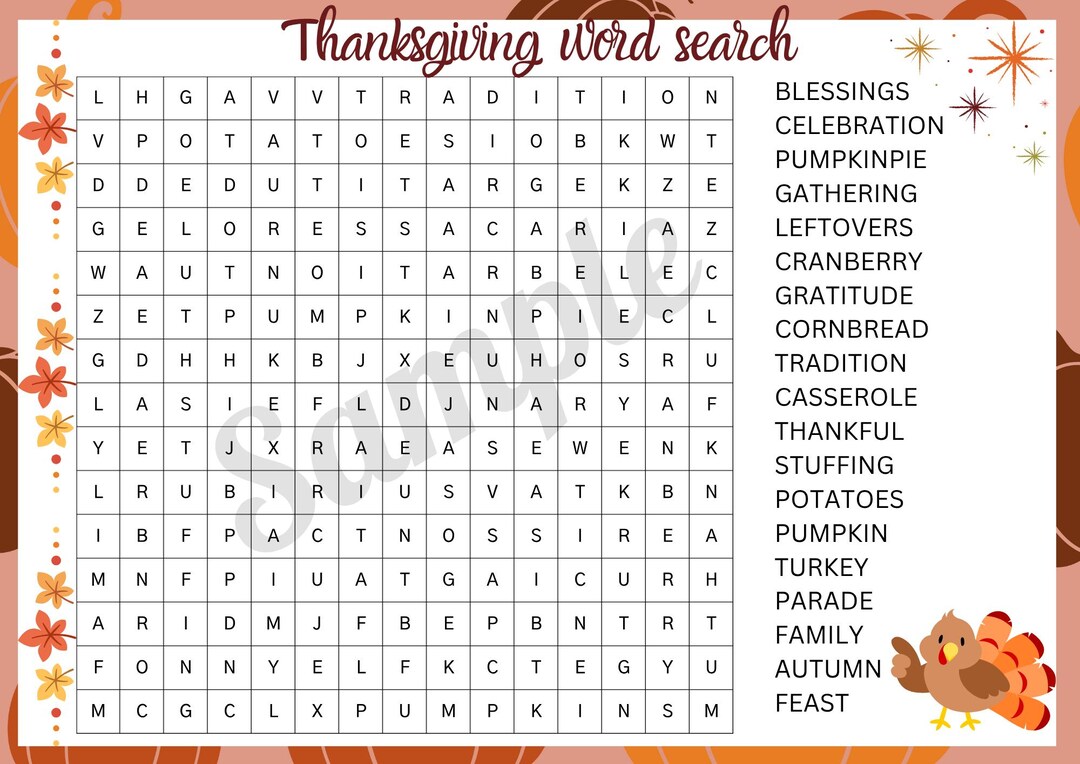 Thanksgiving Word Search, A4 Size, 20 Words, Digital Download, Answer ...